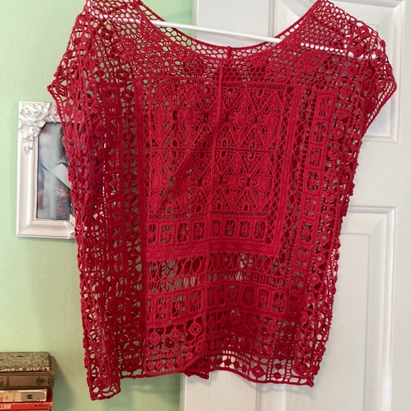 Tops | Red Crochet Woven See Through Top | Poshmark